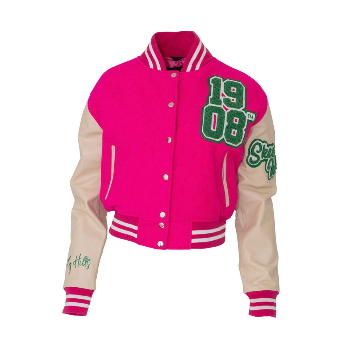 1908 Stacked Pink Crop Leather Varsity Jacket | Sorority Hills